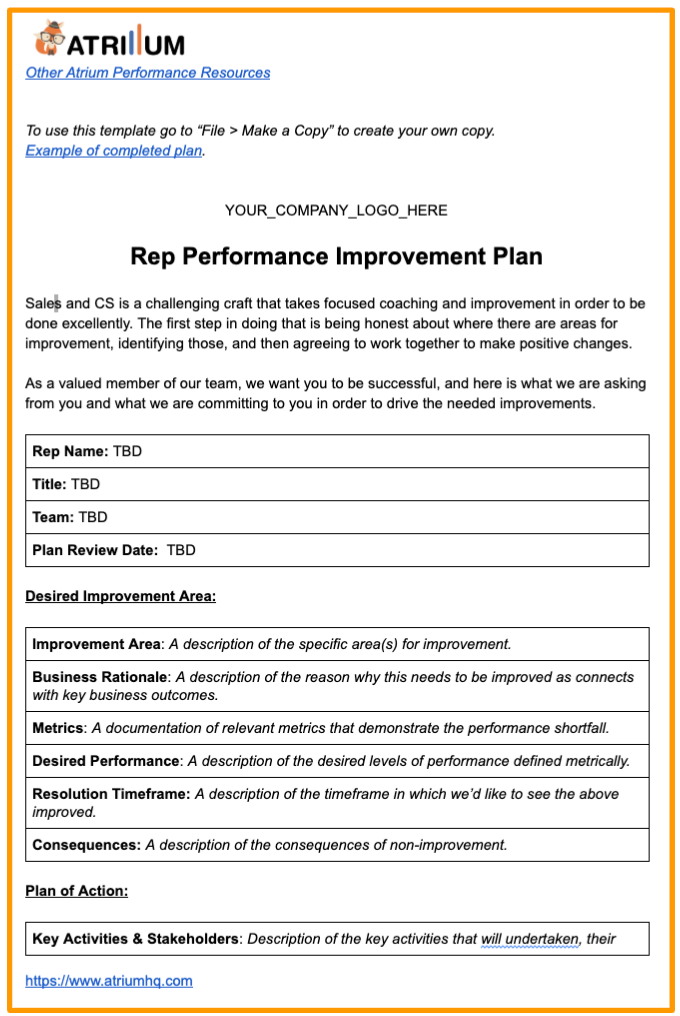 Sales Performance Improvement Plan Template Thank You Page
